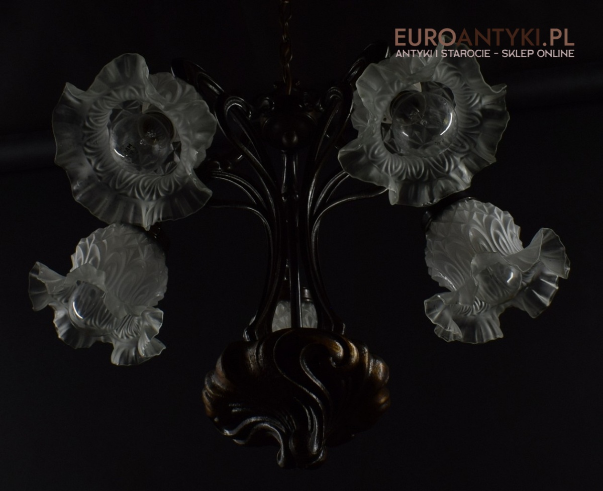 Secesyjny żyrandol z brązu z kloszami. Lampy antyczne Art Nouveau ...